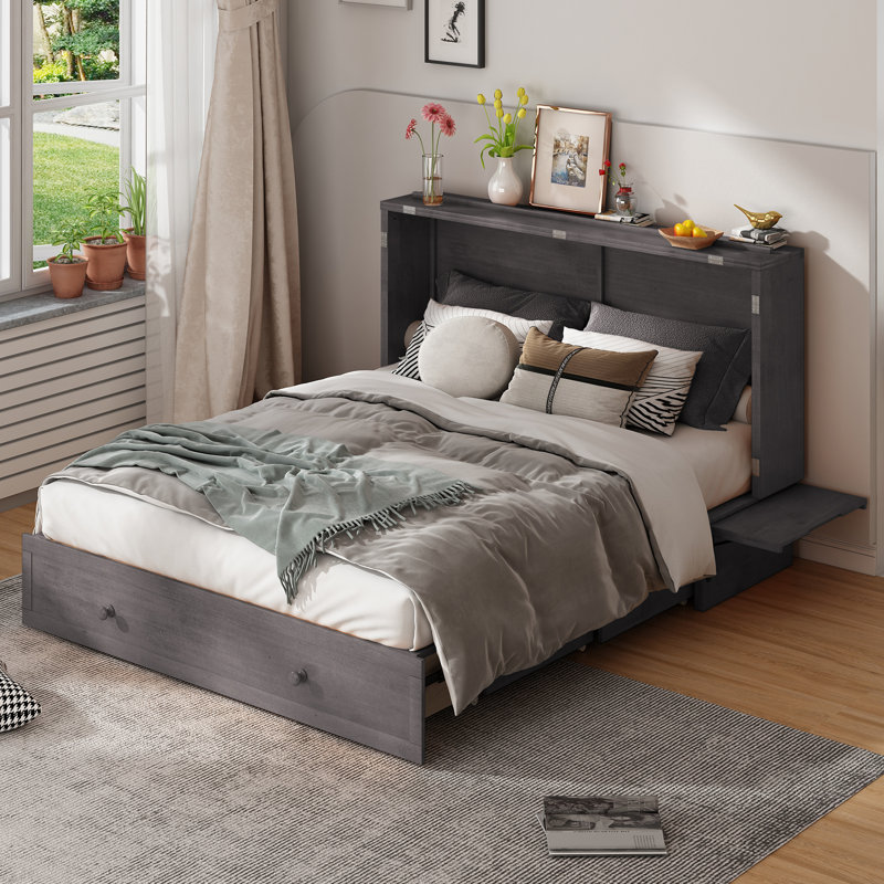 Gracie Oaks Queen Size Murphy Cabinet Bed Murphy Bed Chest with Memory Foam Mattress Foldable Space Saving Cube Murphy Bed with Charging Station and